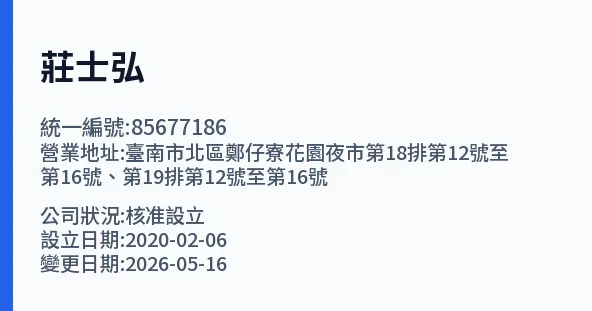 莊士弘的照片-統編 85677186(臺南市) 公司登記資料與營業項目詳細圖表