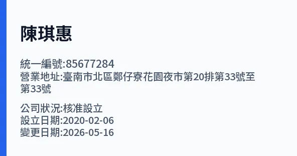 陳琪惠的照片-統編 85677284(臺南市) 公司登記資料與營業項目詳細圖表