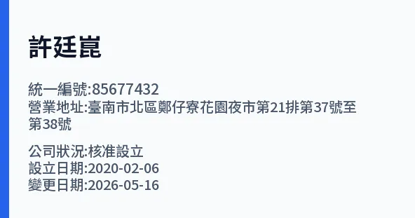許廷崑的照片-統編 85677432(臺南市) 公司登記資料與營業項目詳細圖表