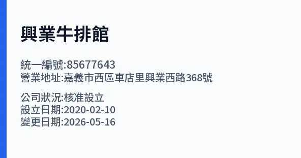 興業牛排館的照片-統編 85677643(嘉義市) 公司登記資料與營業項目詳細圖表
