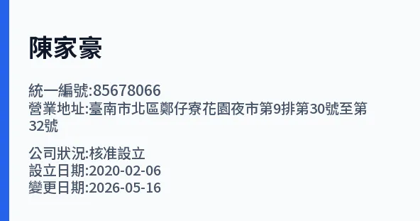 陳家豪的照片-統編 85678066(臺南市) 公司登記資料與營業項目詳細圖表