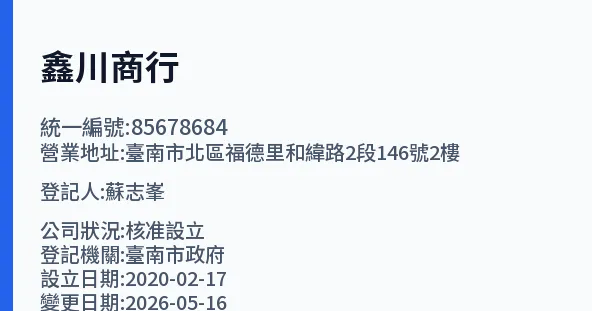 鑫川商行的照片-統編 85678684(臺南市) 公司登記資料與營業項目詳細圖表