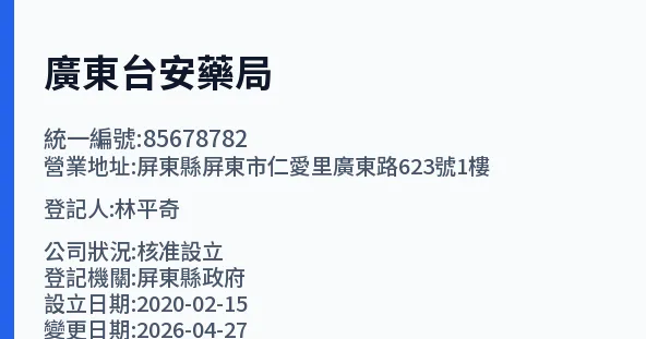 廣東台安藥局的照片-統編 85678782(屏東縣) 公司登記資料與營業項目詳細圖表