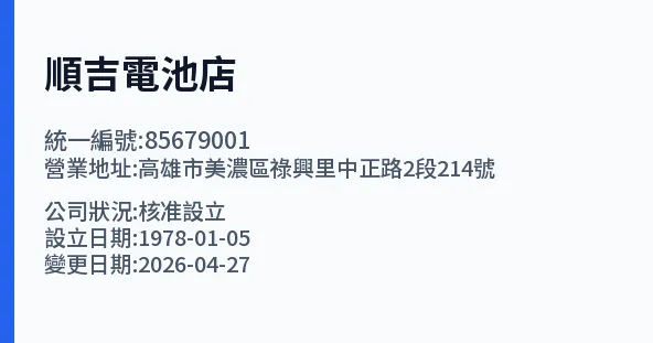 順吉電池店的照片-統編 85679001(高雄市) 公司登記資料與營業項目詳細圖表