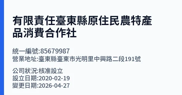有限責任臺東縣原住民農特產品消費合作社的照片-統編 85679987(臺東縣) 公司登記資料與營業項目詳細圖表