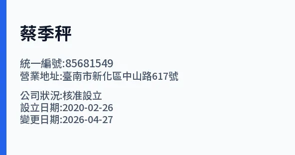 蔡季秤的照片-統編 85681549(臺南市) 公司登記資料與營業項目詳細圖表