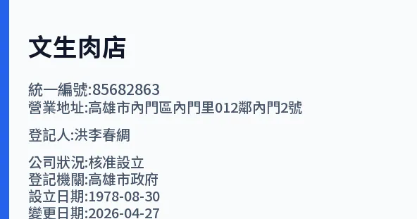 文生肉店的照片-統編 85682863(高雄市) 公司登記資料與營業項目詳細圖表