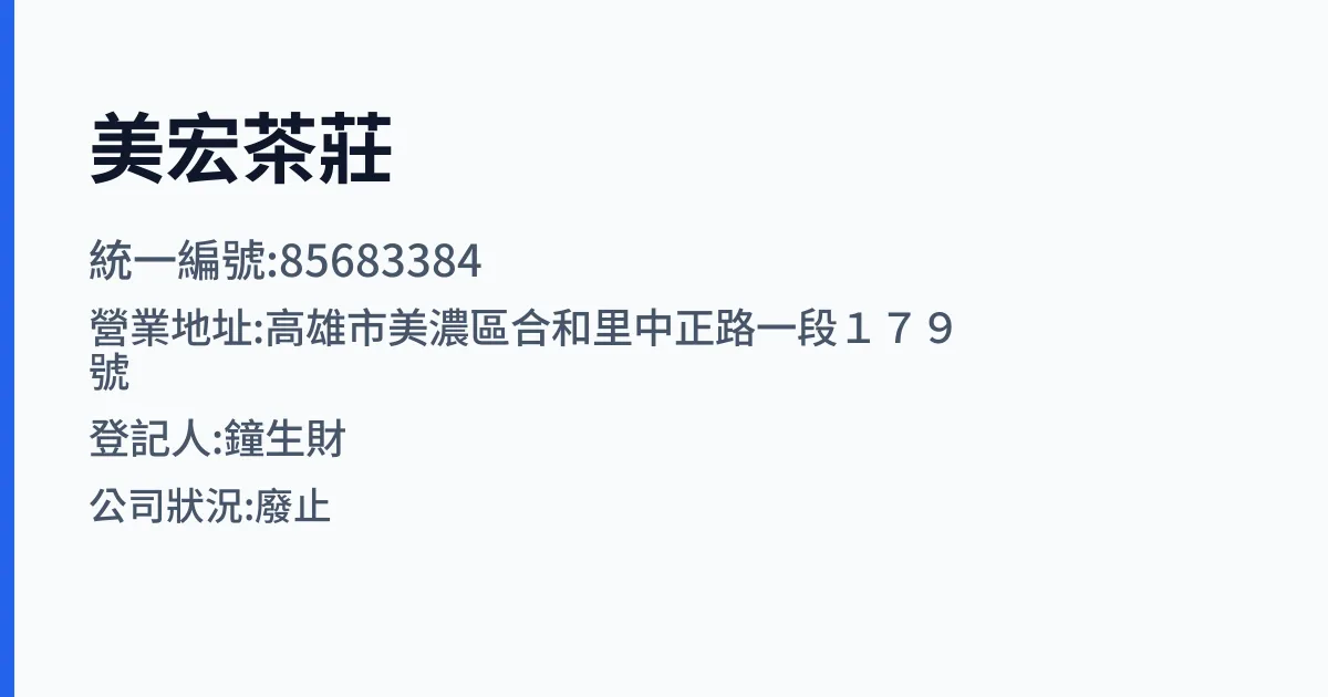 美宏茶莊 - 統編 85683384(高雄市) 公司登記資料與營業項目詳細圖表