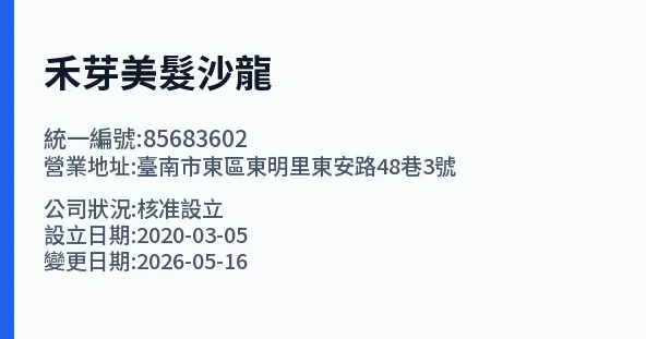 禾芽美髮沙龍的照片-統編 85683602(臺南市) 公司登記資料與營業項目詳細圖表