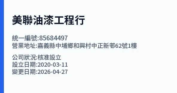美聯油漆工程行的照片-統編 85684497(嘉義縣) 公司登記資料與營業項目詳細圖表