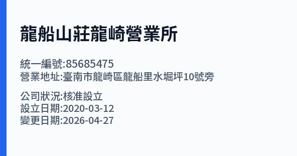 龍船山莊龍崎營業所的照片-統編 85685475(臺南市) 公司登記資料與營業項目詳細圖表
