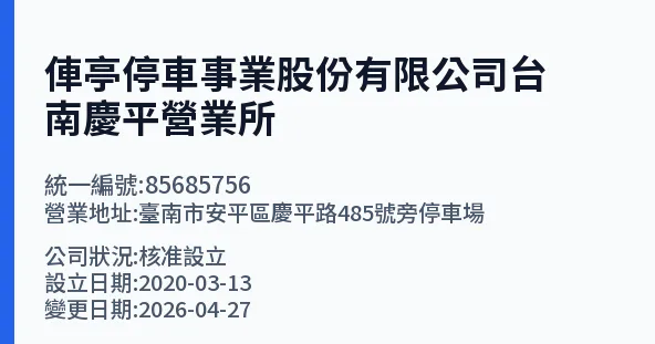 俥亭停車事業股份有限公司台南慶平營業所的照片-統編 85685756(臺南市) 公司登記資料與營業項目詳細圖表