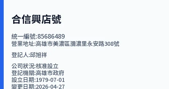 合信興店號的照片-統編 85686489(高雄市) 公司登記資料與營業項目詳細圖表