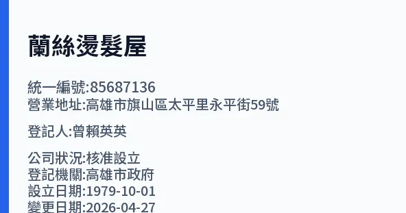 蘭絲燙髮屋的照片-統編 85687136(高雄市) 公司登記資料與營業項目詳細圖表