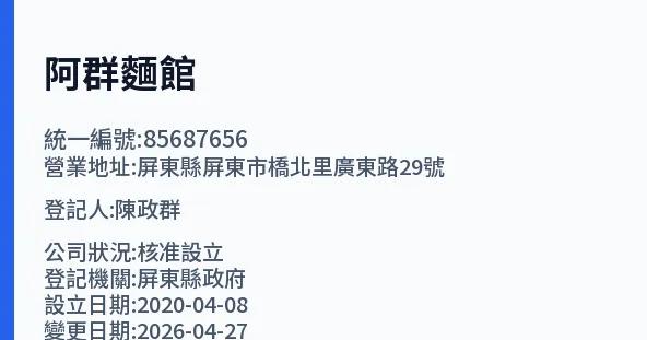 阿群麵館的照片-統編 85687656(屏東縣) 公司登記資料與營業項目詳細圖表