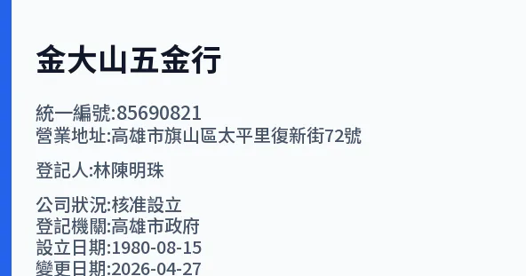 金大山五金行的照片-統編 85690821(高雄市) 公司登記資料與營業項目詳細圖表