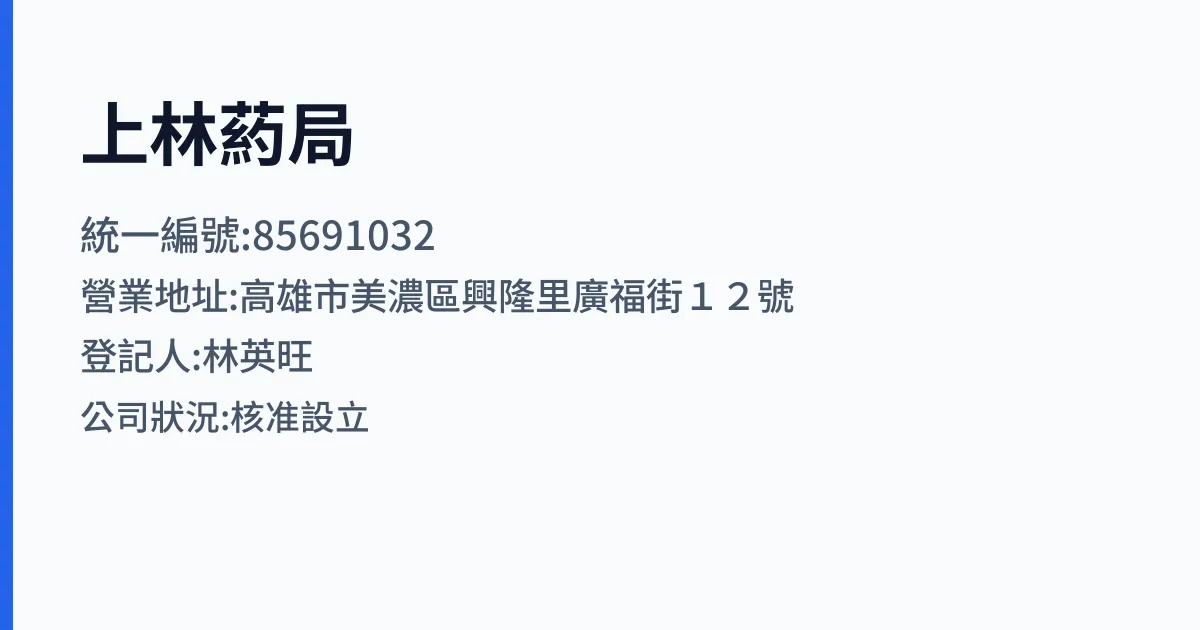上林葯局 - 統編 85691032(高雄市) 公司登記資料與營業項目詳細圖表