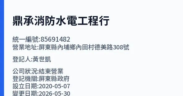 鼎承消防水電工程行的照片-統編 85691482(屏東縣) 公司登記資料與營業項目詳細圖表