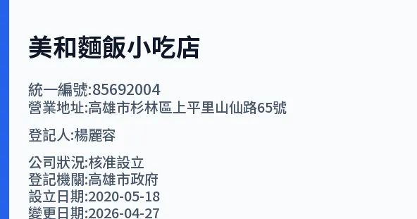 美和麵飯小吃店的照片-統編 85692004(高雄市) 公司登記資料與營業項目詳細圖表