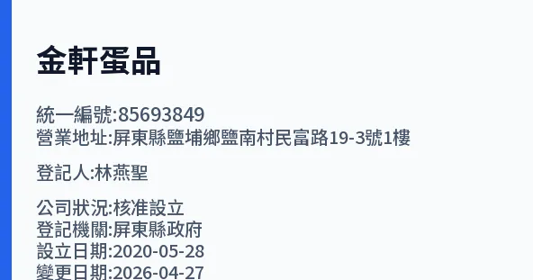 金軒蛋品的照片-統編 85693849(屏東縣) 公司登記資料與營業項目詳細圖表