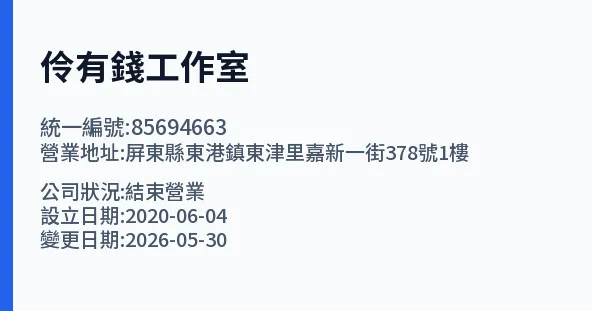 伶有錢工作室的照片-統編 85694663(屏東縣) 公司登記資料與營業項目詳細圖表