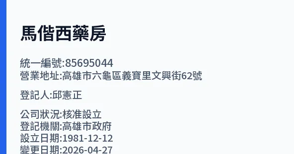 馬偕西藥房的照片-統編 85695044(高雄市) 公司登記資料與營業項目詳細圖表
