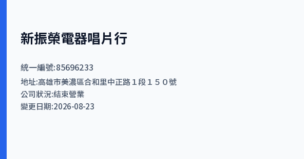 新振榮電器唱片行的照片-統編 85696233(高雄市) 公司登記資料與營業項目詳細圖表