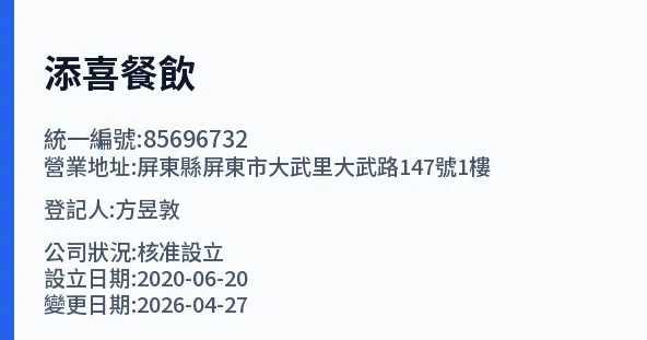 添喜餐飲的照片-統編 85696732(屏東縣) 公司登記資料與營業項目詳細圖表