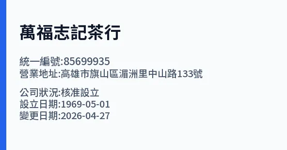 萬福志記茶行的照片-統編 85699935(高雄市) 公司登記資料與營業項目詳細圖表