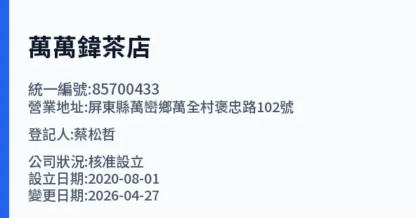 萬萬鍏茶店的照片-統編 85700433(屏東縣) 公司登記資料與營業項目詳細圖表
