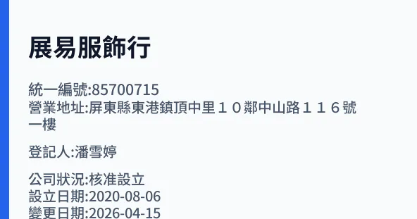 展易服飾行的照片-統編 85700715(屏東縣) 公司登記資料與營業項目詳細圖表