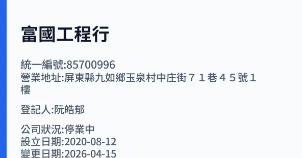 富國工程行的照片-統編 85700996(屏東縣) 公司登記資料與營業項目詳細圖表