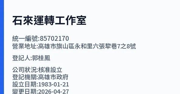 石來運轉工作室的照片-統編 85702170(高雄市) 公司登記資料與營業項目詳細圖表