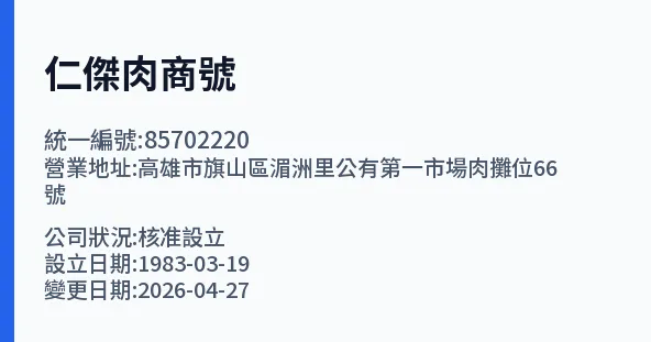 仁傑肉商號的照片-統編 85702220(高雄市) 公司登記資料與營業項目詳細圖表