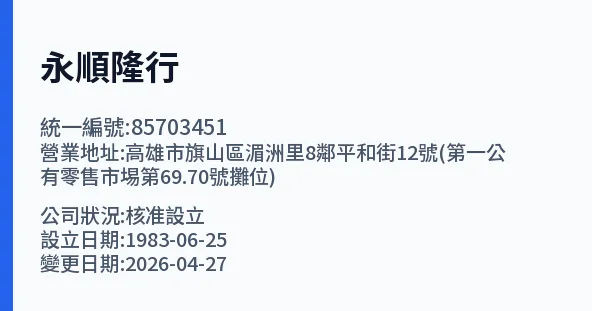 永順隆行的照片-統編 85703451(高雄市) 公司登記資料與營業項目詳細圖表