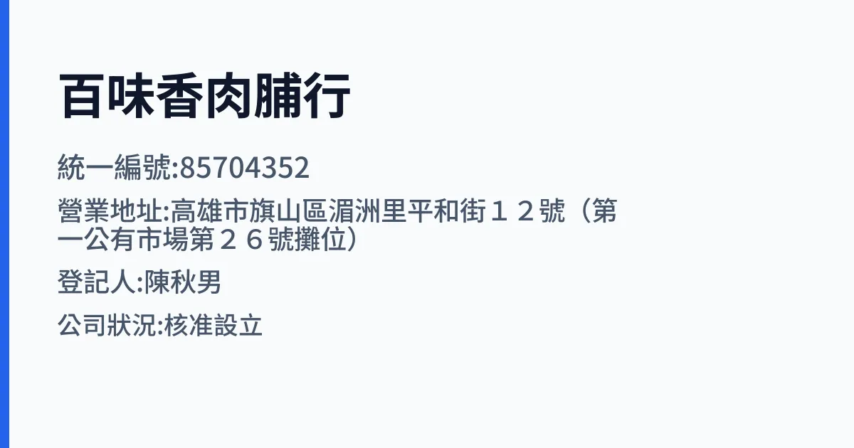 百味香肉脯行 - 統編 85704352(高雄市) 公司登記資料與營業項目詳細圖表