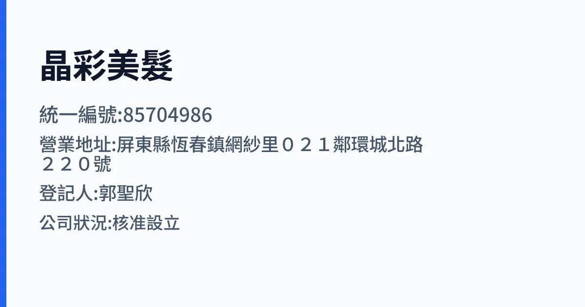晶彩美髮 - 統編 85704986(屏東縣) 公司登記資料與營業項目詳細圖表