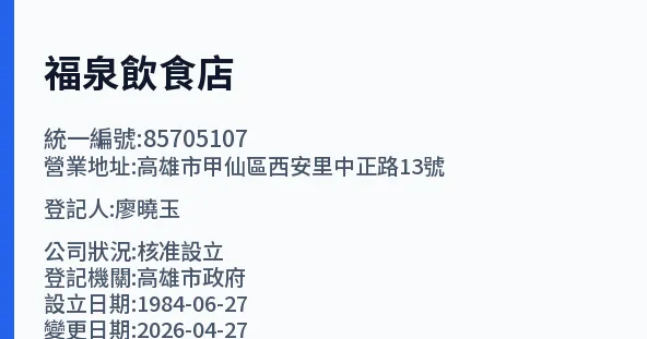 福泉飲食店的照片-統編 85705107(高雄市) 公司登記資料與營業項目詳細圖表