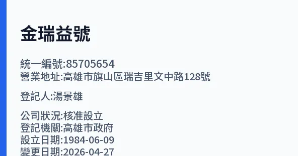 金瑞益號的照片-統編 85705654(高雄市) 公司登記資料與營業項目詳細圖表