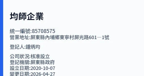 均師企業的照片-統編 85708575(屏東縣) 公司登記資料與營業項目詳細圖表