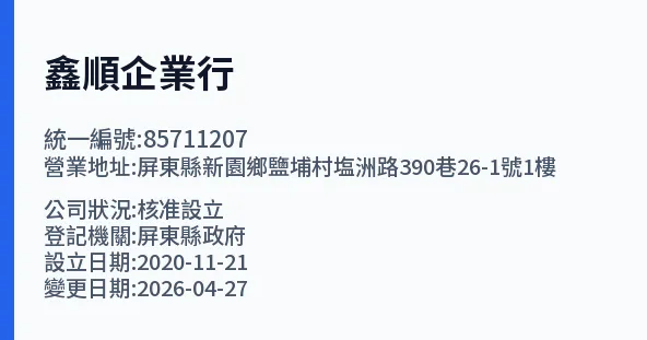 鑫順企業行的照片-統編 85711207(屏東縣) 公司登記資料與營業項目詳細圖表