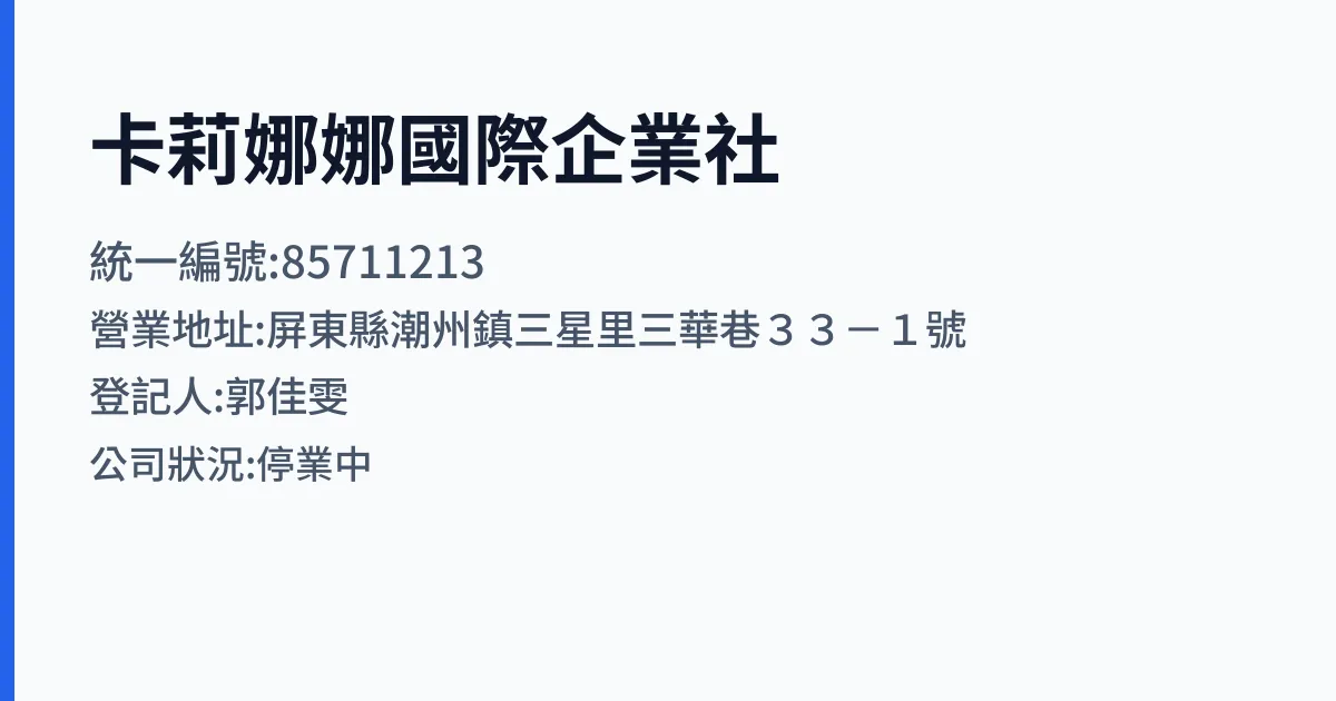 卡莉娜娜國際企業社 - 統編 85711213(屏東縣) 公司登記資料與營業項目詳細圖表