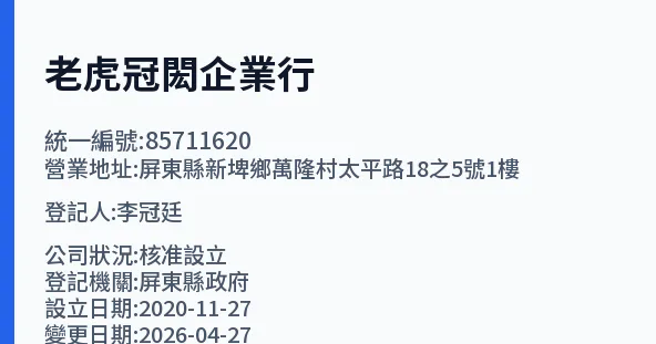 老虎冠閎企業行的照片-統編 85711620(屏東縣) 公司登記資料與營業項目詳細圖表