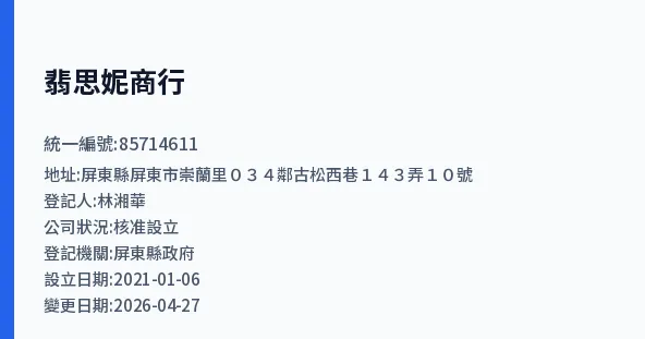 翡思妮商行的照片-統編 85714611(屏東縣) 公司登記資料與營業項目詳細圖表