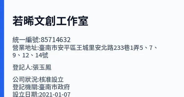 若晞文創工作室的照片-統編 85714632(臺南市) 公司登記資料與營業項目詳細圖表