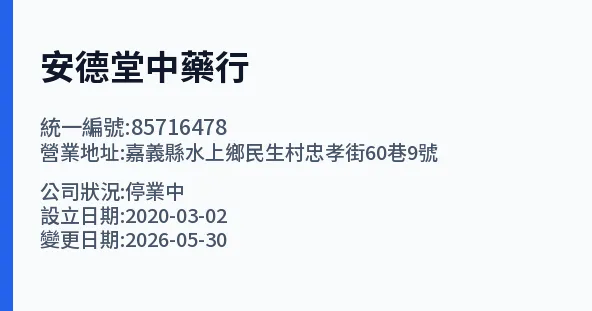安德堂中藥行的照片-統編 85716478(嘉義縣) 公司登記資料與營業項目詳細圖表