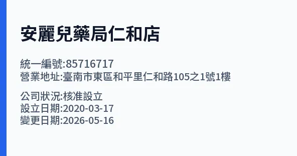 安麗兒藥局仁和店的照片-統編 85716717(臺南市) 公司登記資料與營業項目詳細圖表