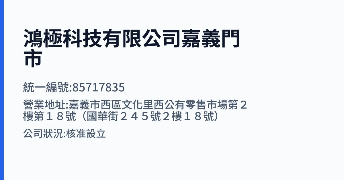 鴻極科技有限公司嘉義門市 - 統編 85717835(嘉義市) 公司登記資料與營業項目詳細圖表