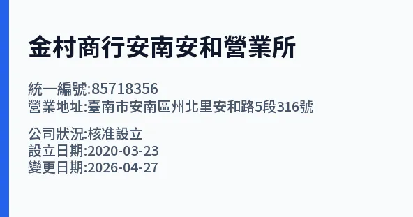 金村商行安南安和營業所的照片-統編 85718356(臺南市) 公司登記資料與營業項目詳細圖表