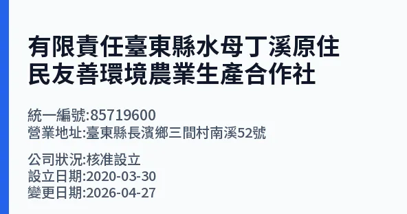 有限責任臺東縣水母丁溪原住民友善環境農業生產合作社的照片-統編 85719600(臺東縣) 公司登記資料與營業項目詳細圖表